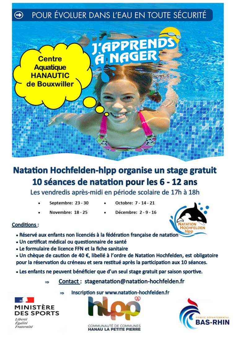 Stage gratuit "J'apprends à nager" pour les 6-12 ans - Natation Hochfelden